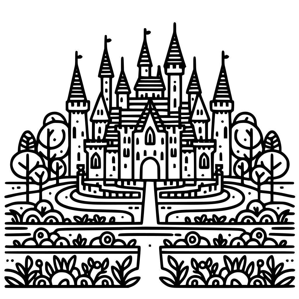 Coloriage Château avec jardins à imprimer gratuit - MonColoriage.fr
